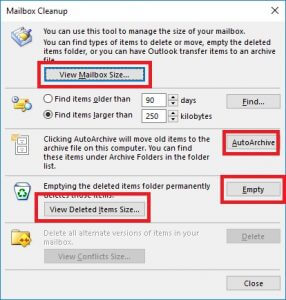 Quick methods to reduce the Outlook mailbox size