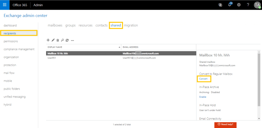 Convert a user mailbox to shared & a shared mailbox to user mailbox in ...
