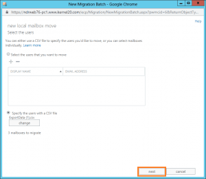 Batch migration of Exchange mailboxes using CSV file