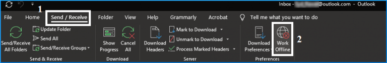How to switch from working offline to working online in Outlook?