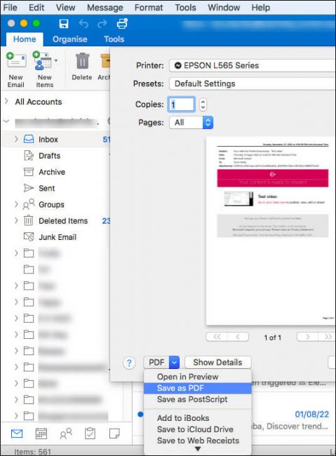 How to save Outlook emails as PDF on Mac