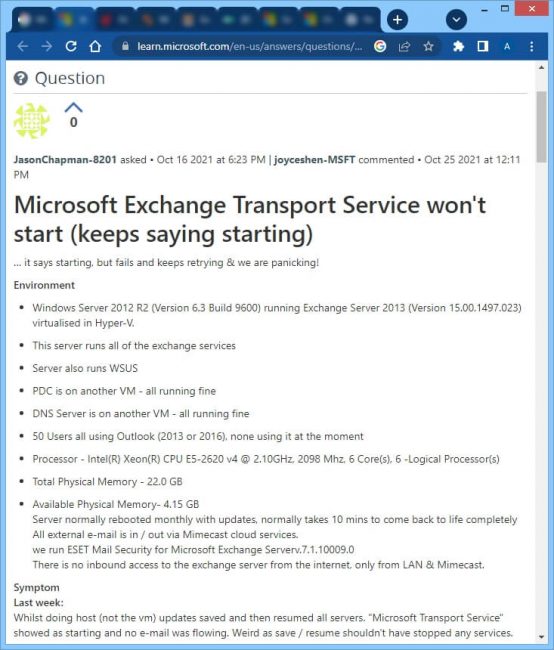 Microsoft Exchange transport service won’t start, How to resolve the error?